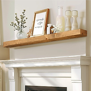 ABSWHLM 60x7x3 Fireplace Mantel - Solid Rustic Wood - Wall Mounted Floating Shelf with Invisible Heavy Duty Steel Bracket (Natural Wood)