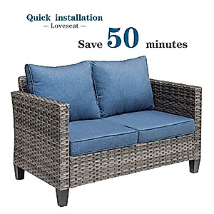 ovios Patio Sofa Outdoor Furniture Modern Wicker Sofa All Weather Garden Loveseat Couch Porch Sofa for Yard, Backyard (Denim Blue)