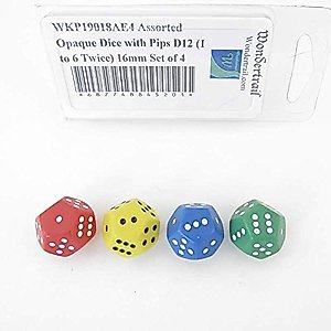 Assorted Opaque Dice with Pips D12 (1 to 6 Twice) 16mm (5/8in) Set of 4 Wondertrail
