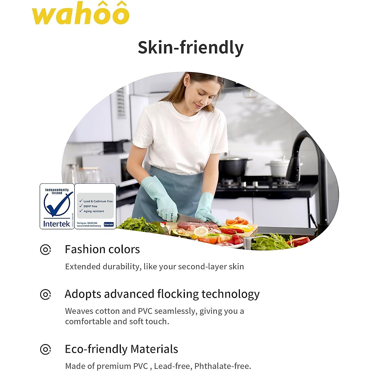 LANON wahoo Skin-Friendly Cleaning Gloves, Dishwashing Kitchen Gloves with Cotton Flocked Liner, Reusable, Non-Slip, Surf Spray, Small