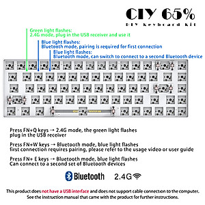 CIY GK68 Dual Mode Wireless Hotswap Tester Keyboard Kit, DIY 65%, Bluetooth 5.0/2.4G Wireless, Replaceable MX Switch 5Pin/3Pin, ABS Shell,Metal Positioning Plate,Sound Insulation Mat(Purple Hyaline)