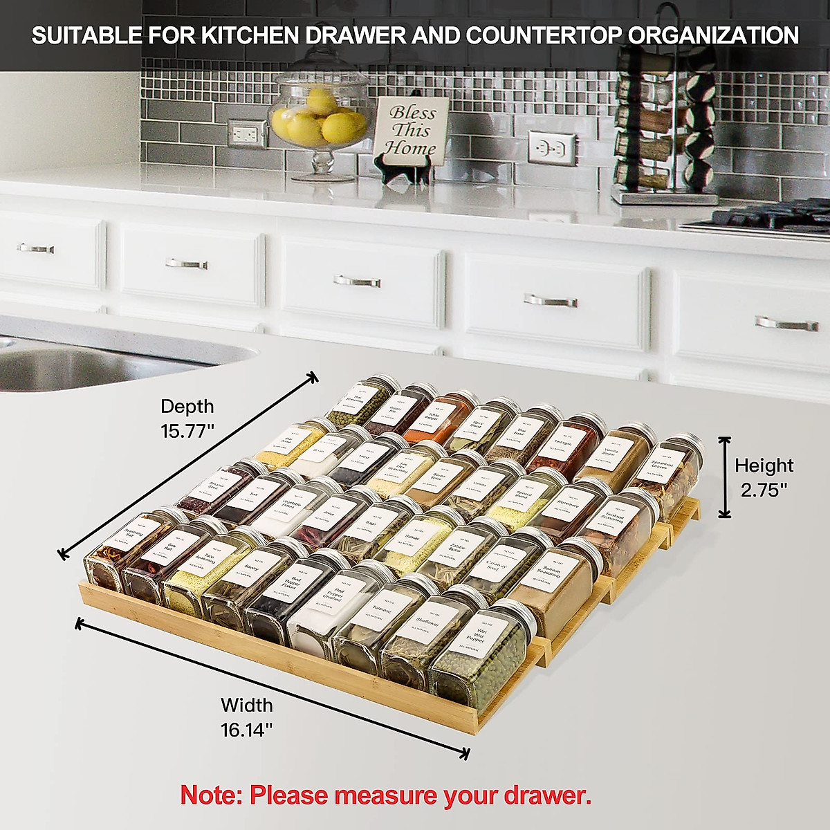 KitHero Spice Drawer Organizer with 35 Spice Jars,216 Labels,50 Non-slip Rubber, Bamboo 4 Tier Seasoning Rack Tray Insert for Kitchen Drawers,Cabinets,Countertop,16.14" Wide x 15.8" Deep
