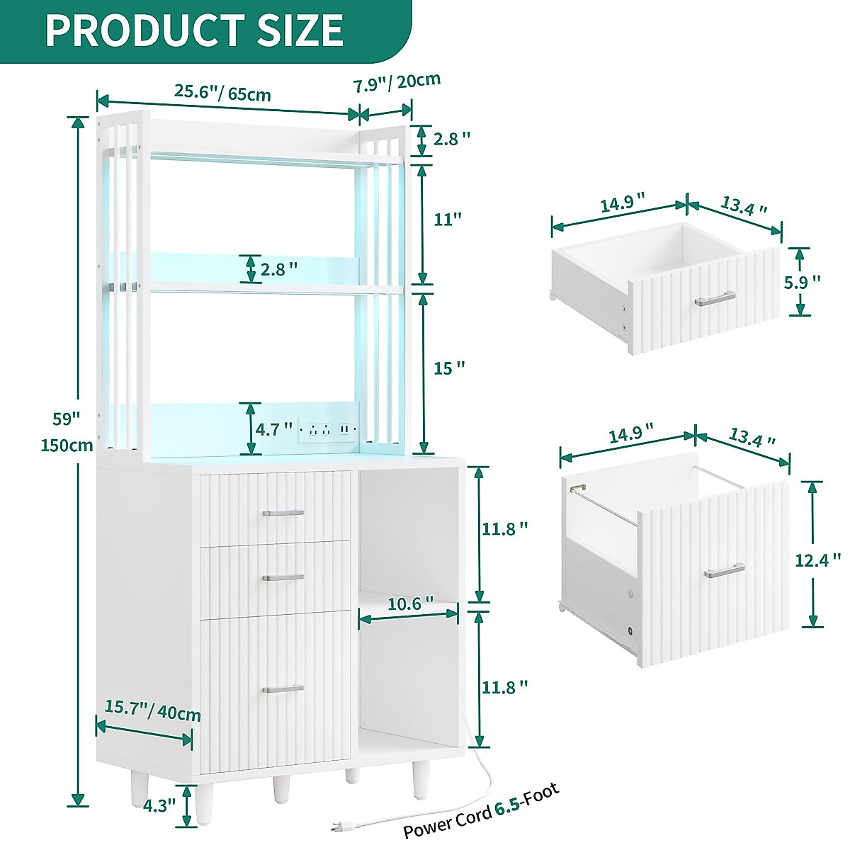 YITAHOME 3 Tier Bookcase, Bookshelf with Lighting, File Cabinet with Charging Station, 3 Drawer Wood Filing Cabinet, Printer Stand with Open Storage Shelves for Home Office, White