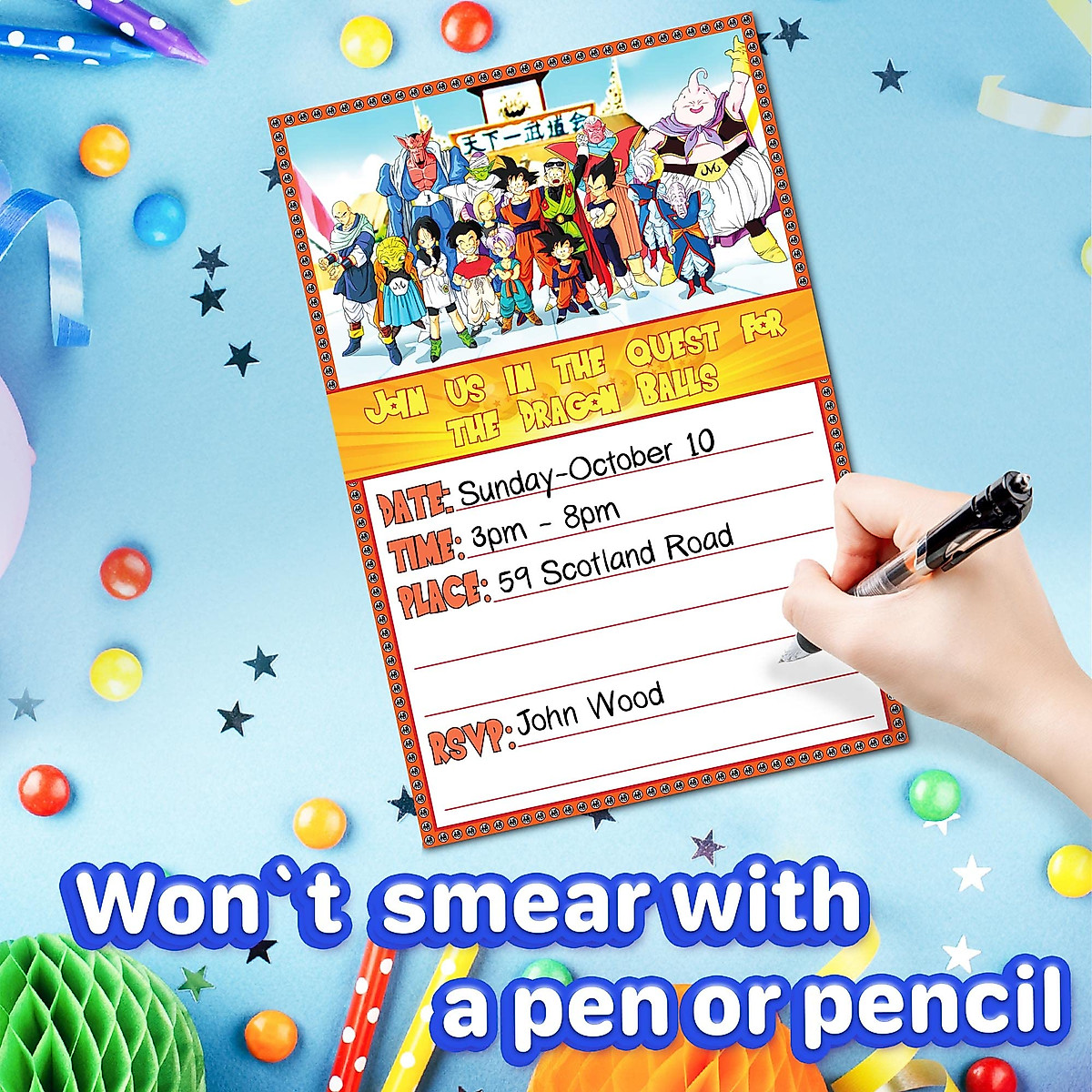 NATURAL BEHAVIOUR Set of 20 Anime Cartoon Ball-Themed Happy Birthday Invitation Cards & Envelopes - Lightweight (240g), Postcard Style Invites for the Perfect Party Pack