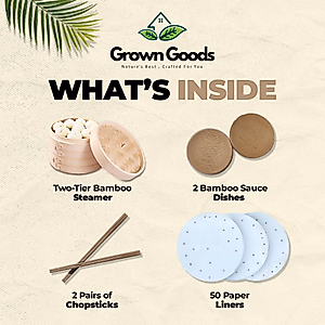 Grown Goods Bamboo Steamer Handmade Basket with Lid | 10 inch 2 Tier Steaming Basket Traditional Design | For Dumplings, Rice, Dim Sum, Vegetables, Fish, and Meat | Includes 50 liners, 2 bamboo sauce