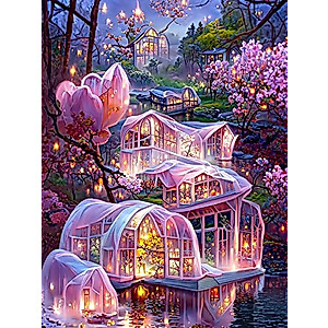 1tonine DIY Diamond Painting Kits for Adults - Flower Pink House Dream Scenery (Canvas) Full Round Drill Diamond Art Kits for Beginnners - Valentines Day Gifts Wall Room Decor (12x16inch/30×40cm)
