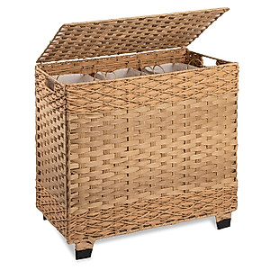 OIAHOMY Laundry Hamper with Lid, 140L Synthetic Rattan Clothes Hamper with Handles, Handwoven Large Laundry Basket with 3 Removable Liner Bags, Foldable, Laundry Room, Bedroom, 27*13*26 Inches, Yellow