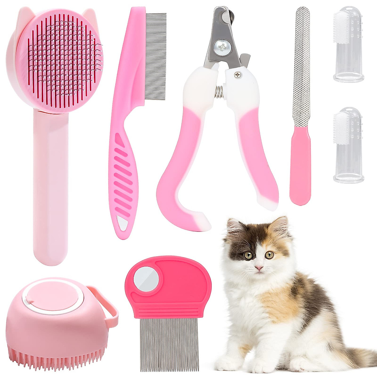 VCZONE 8 Pcs Cat Brush Grooming Kits, Pet Self Cleaning Kit with Pet Nail Clipper and File, Flea Comb, Pet Shampoo Bath Brush, Pet Shedding Brush, Silicone Toothbrush (Pink)