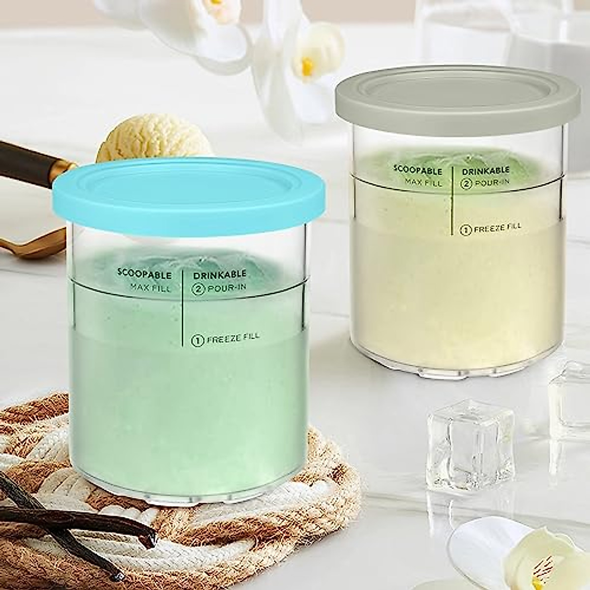 FIRJOY 24 oz. Containers | Extra Replacement Pints and Lids for Ninja Creami Deluxe - Compatible with NC501, NC500 Series (2 Pack - Grey, Blue)