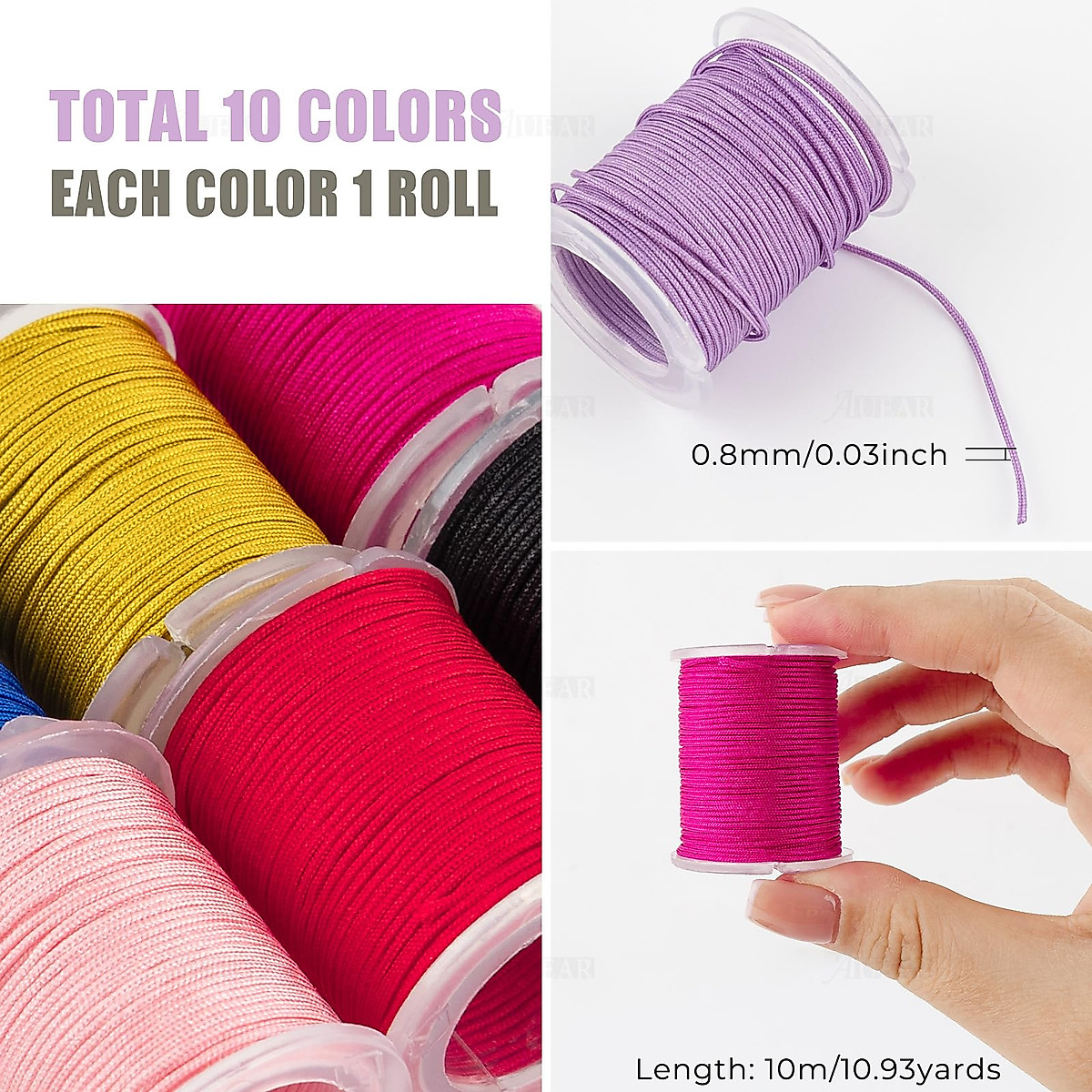 AUEAR, 10 Pack 0.8mm Jewelry Nylon Cord for Jewelry Making Chinese Knot Bracelet String Beading Thread 10 Rolls