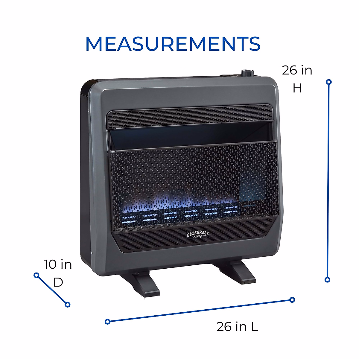 Bluegrass Living B30TPB-BB Ventless Propane Gas Blue Flame Space Heater with Thermostat Control, 30000 BTU, Heats Up to 1400 Sq. Ft., Includes Wall Mount, Base Feet, and Blower, Black