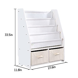 MallBest Childrens Bookshelf Kids Sling Book Rack with Two Storage Boxes and Toys Organizer Shelves Natural Solid Wood Baby Bookcase