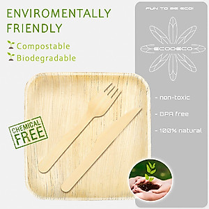 Ecodeco Palm Leaf Compostable Plates - 50 pcs - Square - Disposable Eco Friendly Like Bamboo Party Plates with Cutlery - 8 Inch
