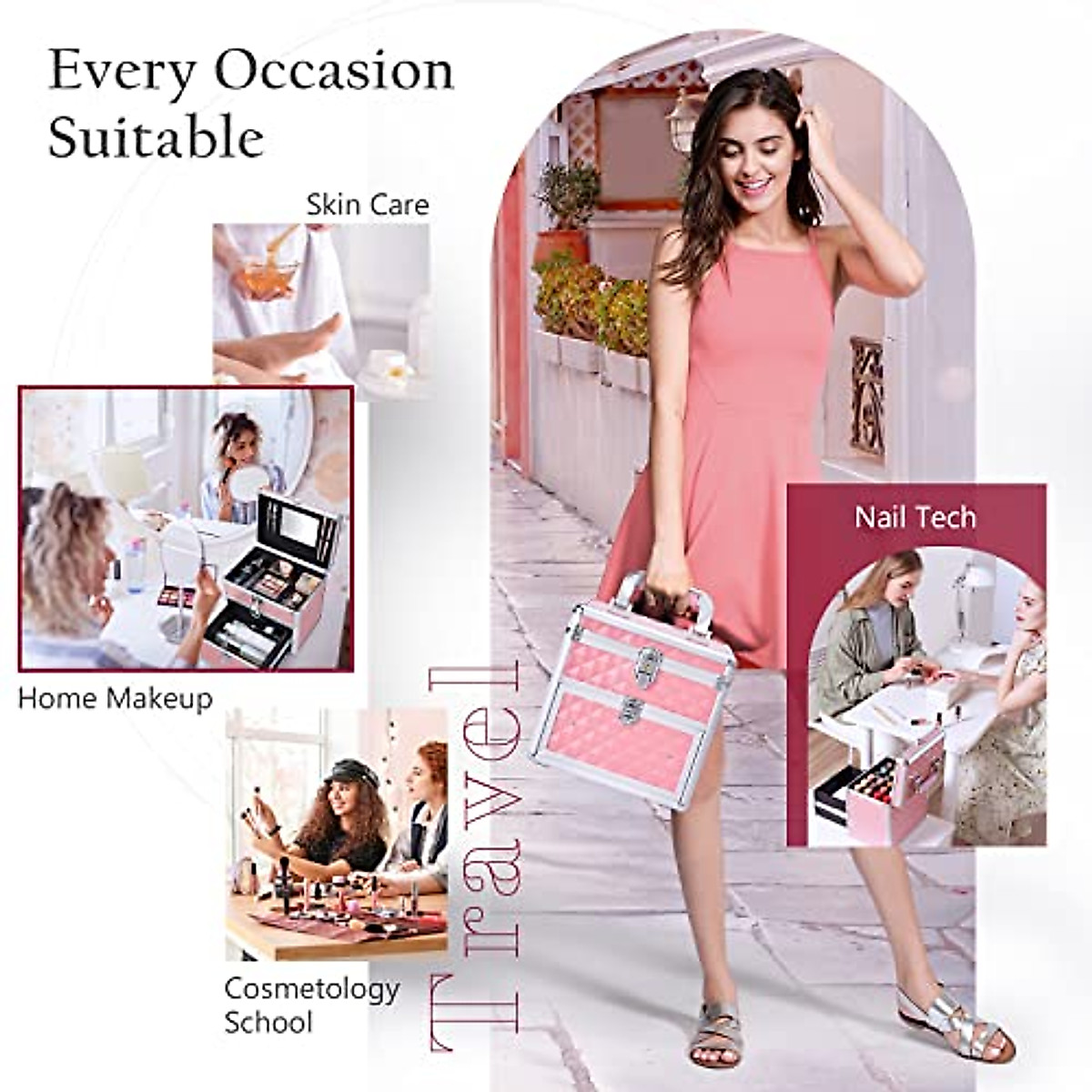 Frenessa Makeup Box Makeup Train Case Cosmetic Storage Organzier Nail Polish Box for Makeup Artist, Nail Tech Student, Craft Cosmetology Case with Mirror Drawer and Dividers Manicure Organizer Travel