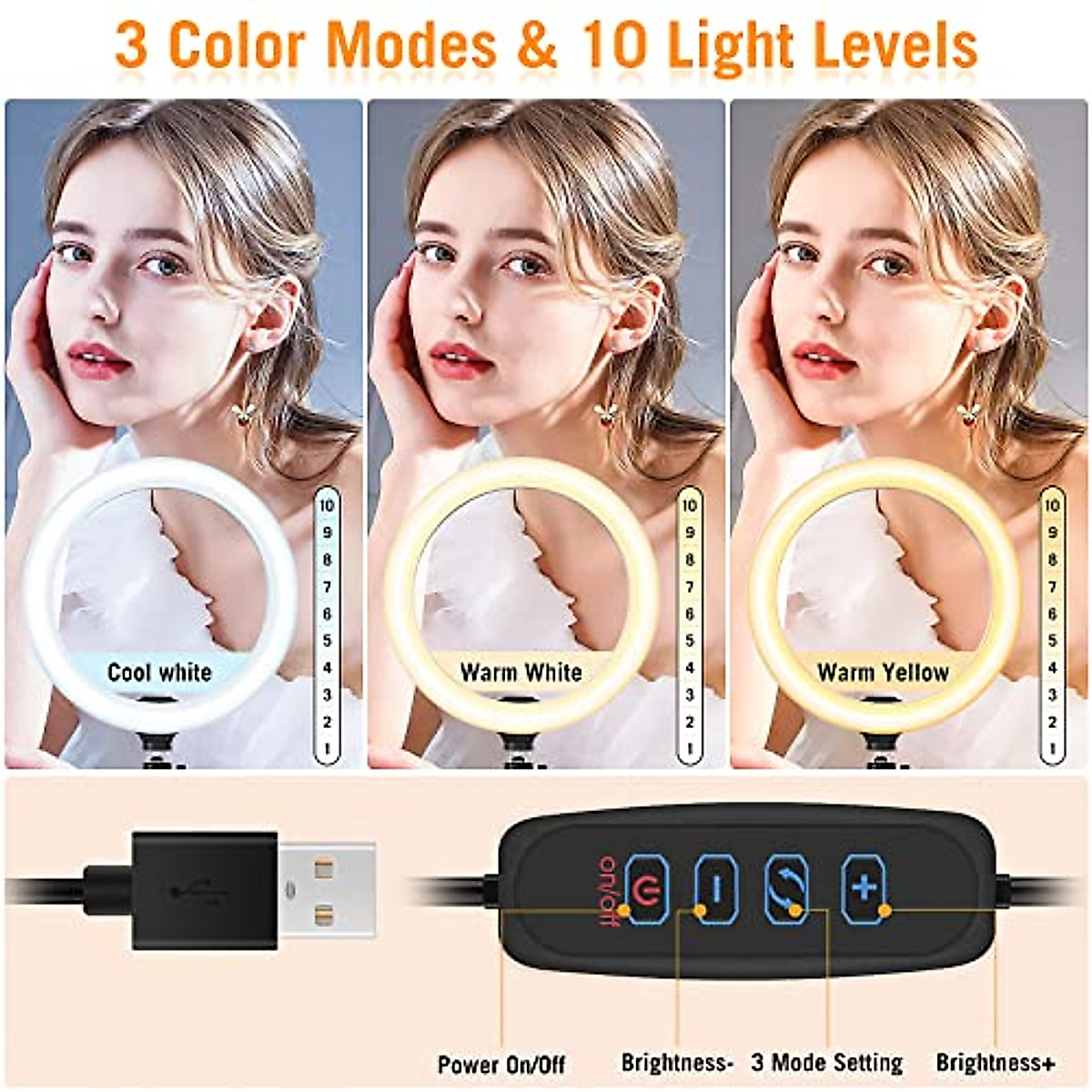 10" Ring Light with 57" Floor/7" Desk Stand and 2 Phone Holders, Selfie Ring Light for Computer/Phone/Laptop/Webcam