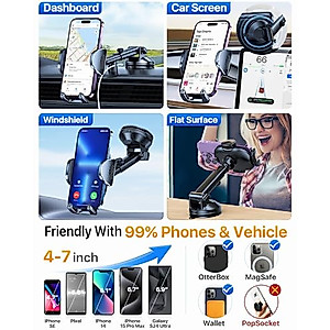 YRU [2024 Upgraded] Universal Car Phone Holder Mount【 360° Rotatable &Strong Suction】 Cell Phone Holder for Car Dashboard Windshield Phone Holder Dash Stand for iPhone 15 14 13 Samsung Truck, Black