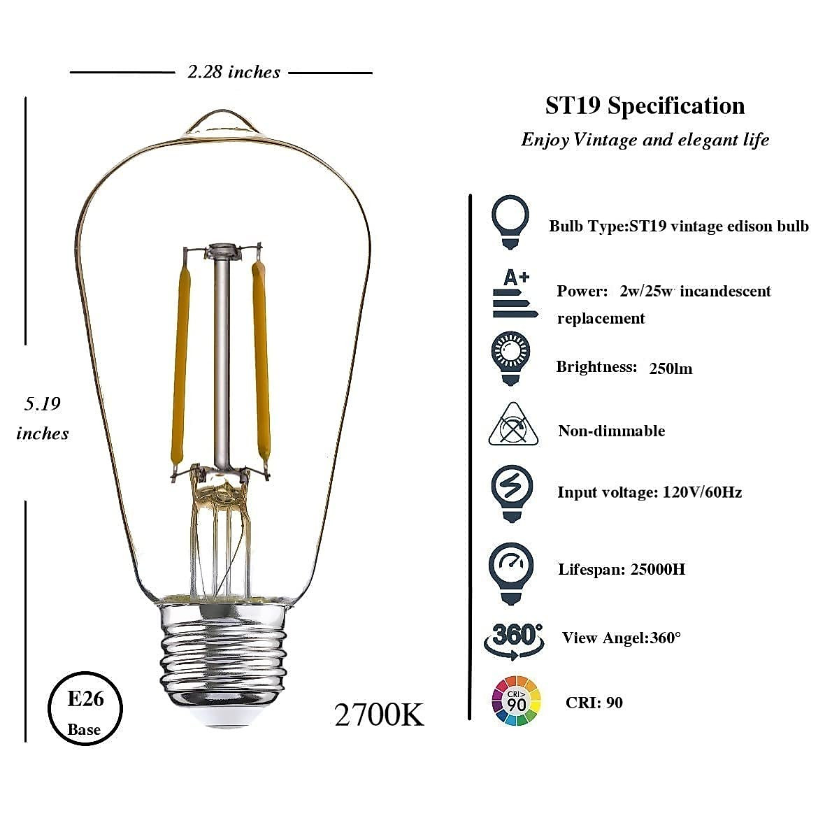 winsaLED 12 Pack 2w LED Edison Bulbs, 25 Watt Light Bulbs Equiv, 2700K Soft Warm with E26 Standard Base, LED ST19 Low Watt Light Bulbs, Not-dimmable, 120V