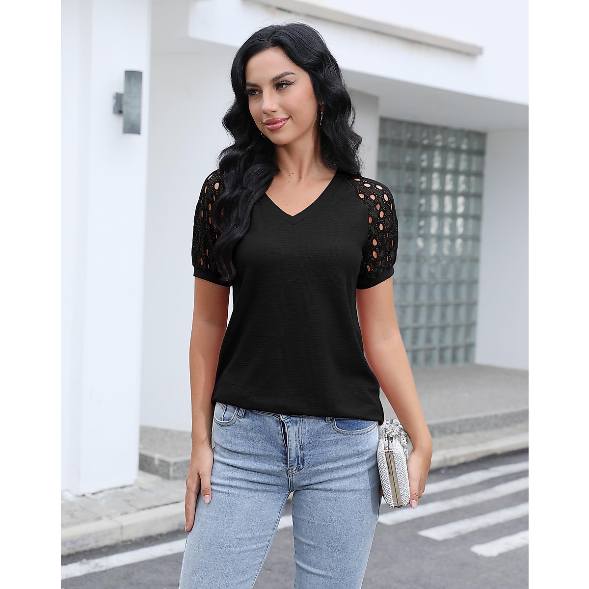 HAOMEILI Women’s Short Sleeve V Neck Tops Lace Shirt Casual Loose T Shirtss L Black