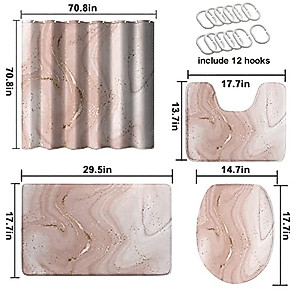 Zmcongz Abstract Marble Shower Curtain Set with Rugs for Bathroom Decor Liquid Pink Marble Luxury Gold Foil Waterproof Fabric Cloth Bath Curtain, Non-Slip Bathroom Rugs Bath Mats, 72x72 Inch
