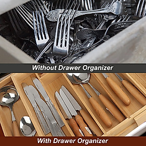 Bamboo Kitchen Drawer Organizer, Expandable Silverware Tray and Utensils Holder, Wooden Cutlery Tray with Grooved Divider for Flatware Spoon Fork Knives Storage