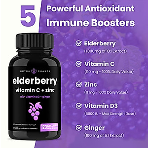 Elderberry Capsules | 10,000mg Sambucus Elderberry with Zinc and Vitamin C for Adults + Vitamin D3 5000 IU & Ginger | 5-in-1 Antioxidant Immune Support Supplement | 120 Elderberry Extract Capsules