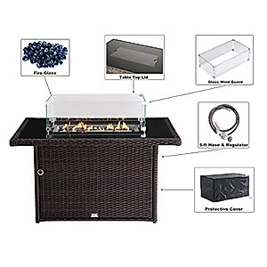 OAKVILLE FURNITURE 44 in Propane Fire Pit Table, 50000 BTU Rectangular Outdoor Gas Fire Pit, Brown Wicker Aluminum Tabletop in Tempered Fire Glass for Outside Patio Garden, Backyard