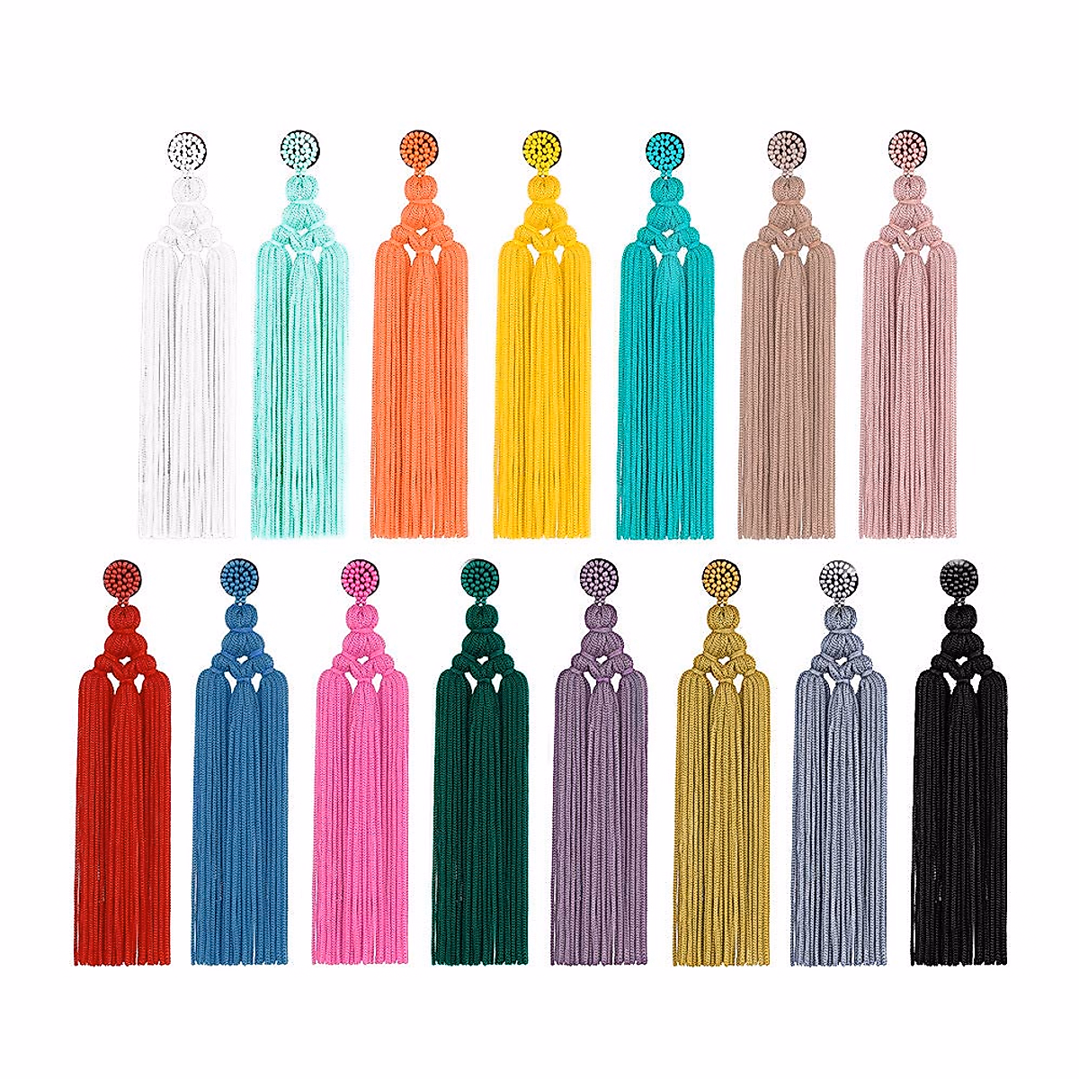 Long Woven Tassel Fringe Drop Dangle Earrings Large Beaded Chandelier Handmade Knot for Women Statement Bohemian Thread Layered-Black
