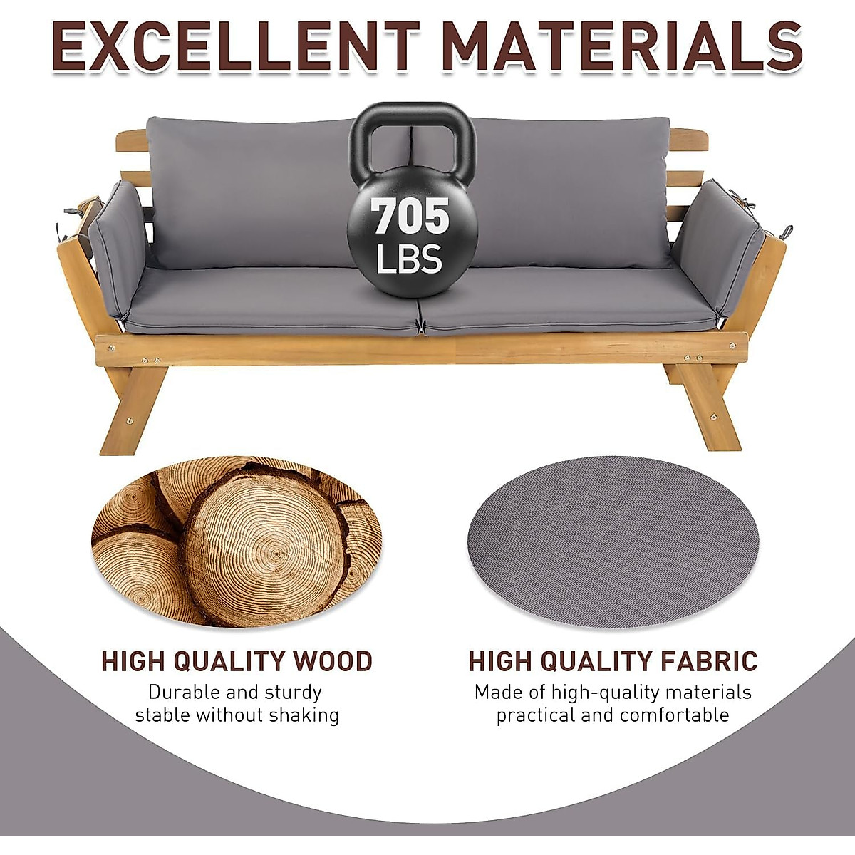 PayLessHere Outdoor Couch Patio Couch Daybed with Adjustable Armrest, Wooden Loveseat with Cushion and Pillow, and Expandable Plate