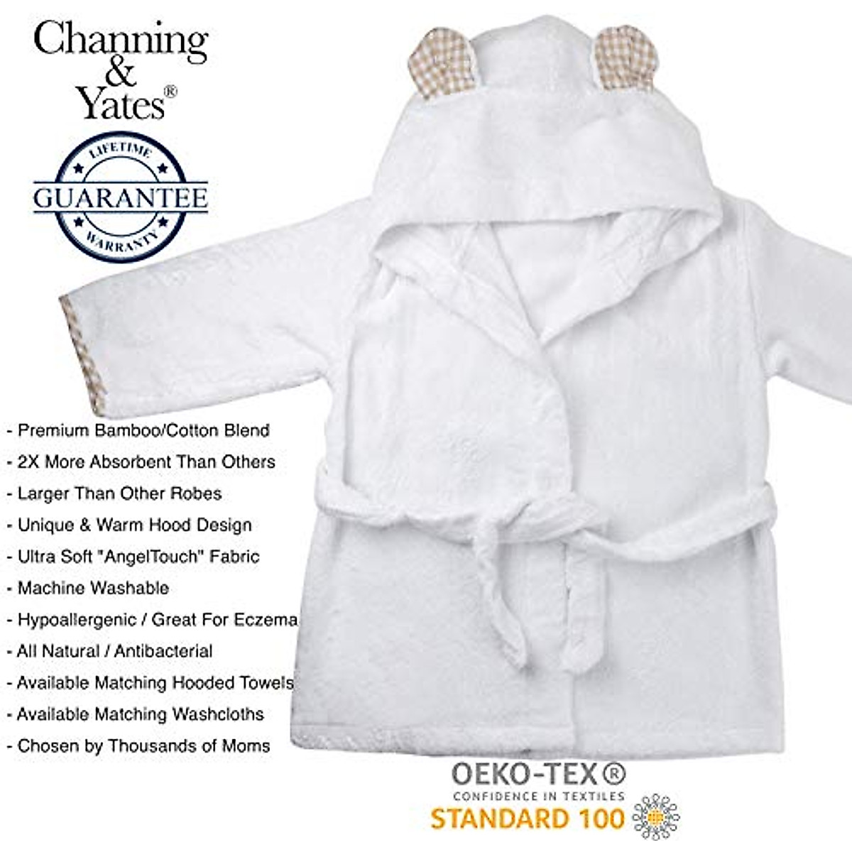 Channing & Yates Premium Boutique Toddler Robe - Organic Hooded Bathrobe Towel - Soft Towel Robe - Toddler Bath Essentials (White)