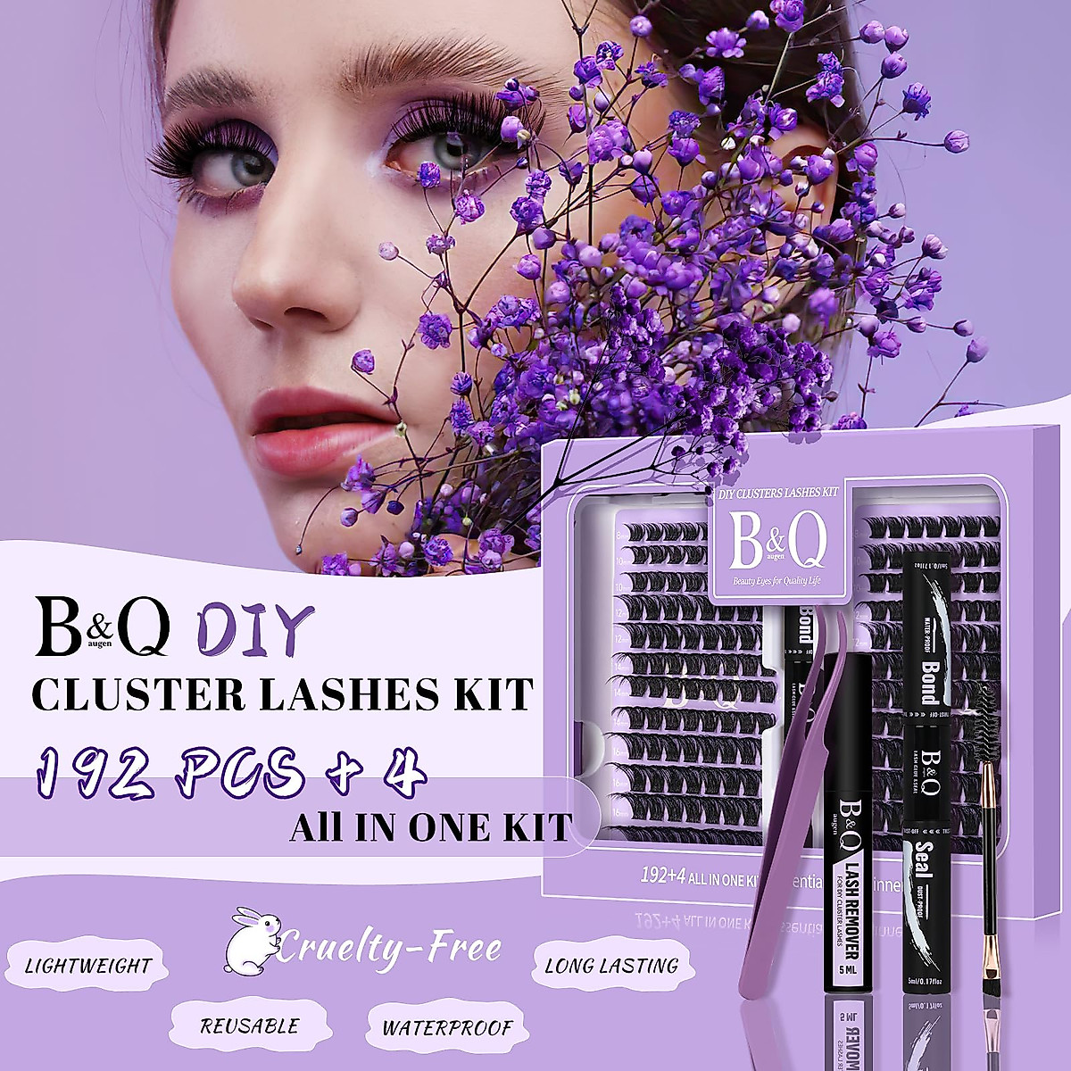 B&Q Lash Extension Kit 192 PCS Eyelash Extension Kit D Curl Lash Clusters Kit Wispy Individual Lash Kit DIY Lash Extension Kit with Lash Glue and Remover Applications (B05+B06, Kit)