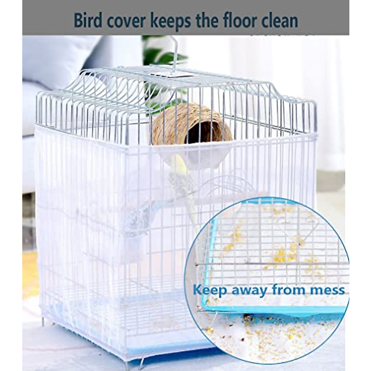 Lemengtree Bird Cage Cover Universal Birdcage Seed Catcher Guard Net Cover, Parrot Nylon Mesh Net Cover, Airy Gauze Birdcage Accessories Mesh Net Cover for Round Square Cages (Blue-Mesh Net Cover)