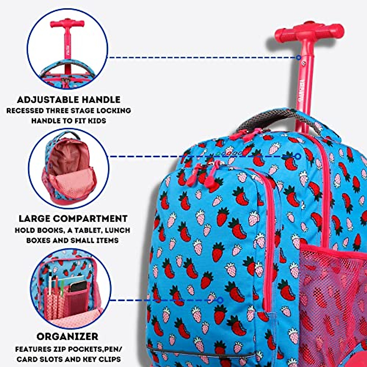 J World New York Sunny Rolling Backpack for Kids and Adults, Strawberry, 17 X 11.5X 5.5 (H X W X D)