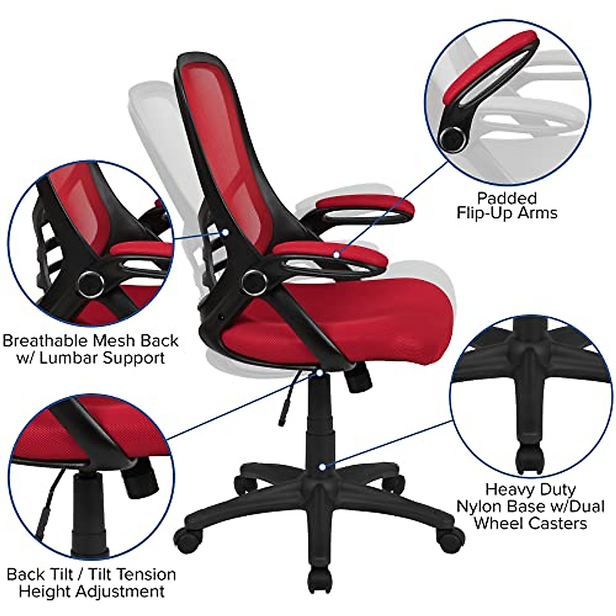 Flash Furniture Porter High Back Mesh Ergonomic Swivel Office Chair with Lumbar Support, Flip-Up Arms, Tilt Lock/Tilt Tension, Height Adjustable, Red/Black Frame