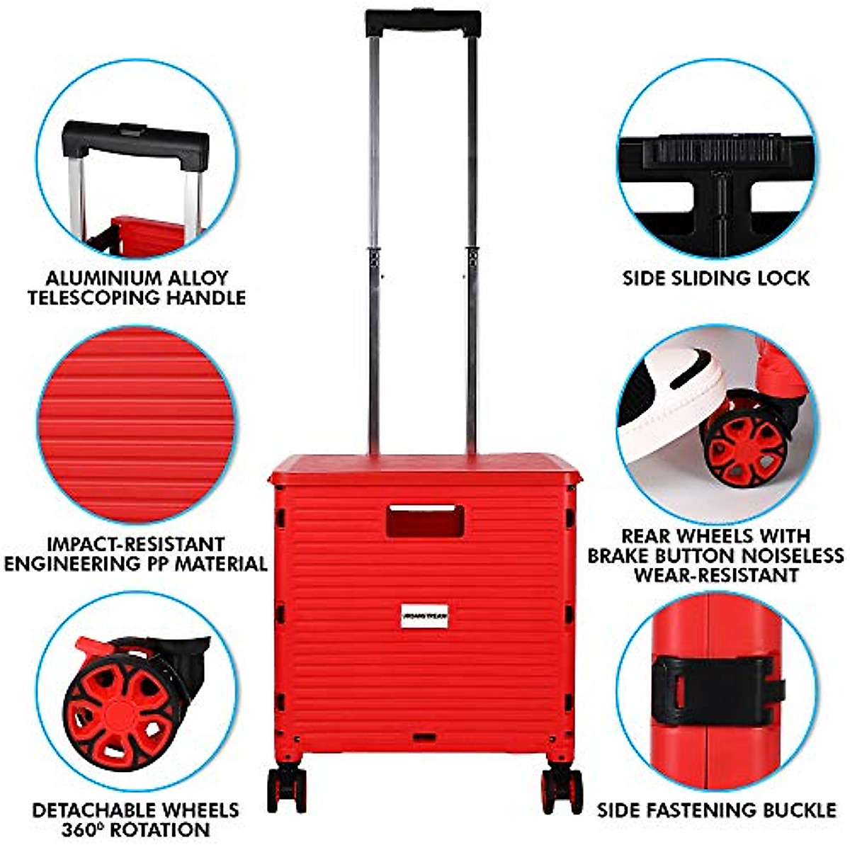 Rolling Cart with Wheels Folding Portable Plastic Crate Foldable Utility Handle Handcart with Lid 4 Wheeled Grocery Storage Heavy Duty Collapsible Mobile Trolley Box for Shopping, Office, Travel
