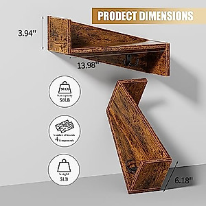 Gannyfer Floating Shelves - Set of 2, Rustic Wood Wall Shelf with Coat Hooks for Home Decor Storage, Small Wall Mounted Hanging Shelves for Bedroom, Kitchen, Living Room, Bathroom & Farmhouse, Brown