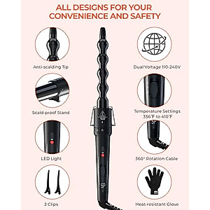 5 in 1 Curling Wand Set: Ohuhu Curling Iron Wand 5Pcs 0.35 to 1.25 Inch Interchangeable Ceramic Barrel Heat Protective Glove 2 Clips Dual Voltage Hair Curler for Girls Women Mother Gift Black