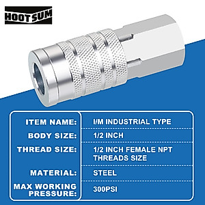 HOOTSUM 1/2’’ Air Hose Fittings Set, High Flow 1PC I/M Industrial Type Coupler with 1/2’’ FNPT, 2PCS Coupler with 1/2’’ NPT, 3PCS Steel Air Compressor Accessories Quick Connect Fittings 300PSI