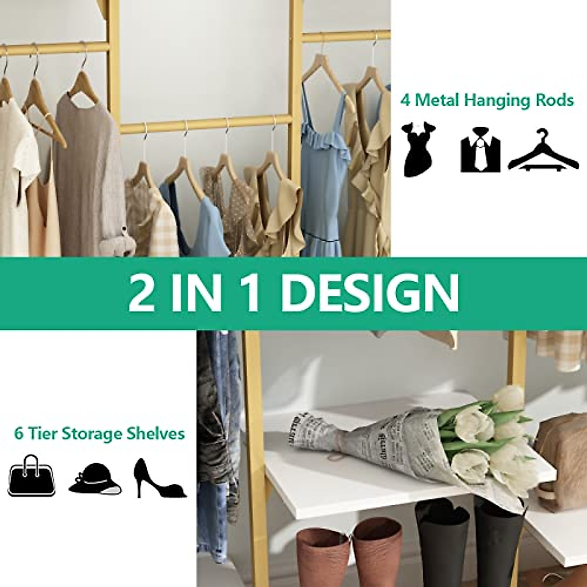 Auromie Gold Wall Mount Clothes Rack with 4 Hanging Rods, Clothing Rack with 6-Tier Adjustable Shelves, Closet Storage Organizer System Kit, Heavy Duty Garment Rack with Metal (80.43" L*78.62" H)