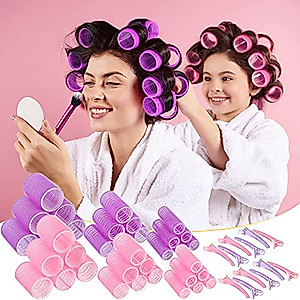 48 Pieces Self Grip Hair Rollers Set Self Holding Rollers No Heat Hair Curlers Hairdressing Curlers and Multicolor Plastic Duck Teeth Bows Hair Clips for DIY Hairdressing Salon Barber (Purple, Pink)