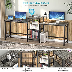 Unikito Two Person Desk, Home Office Desk with Power Outlet and Printer Stand, Double Computer Desk with Open Storage Shelf, Double Gaming Computer Desk, Extra Long Table, Writing Study Desk, Gray Oak