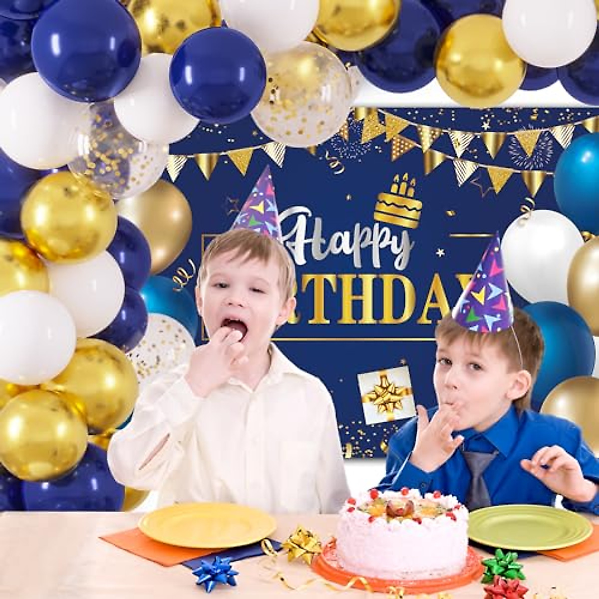 Rubfac Navy Blue Birthday Decorations Happy Birthday Backdrop with 70pc Navy Blue Gold and White Balloon Garland Kit Photo Backdrop Background for Birthday Party Decoration Supplies