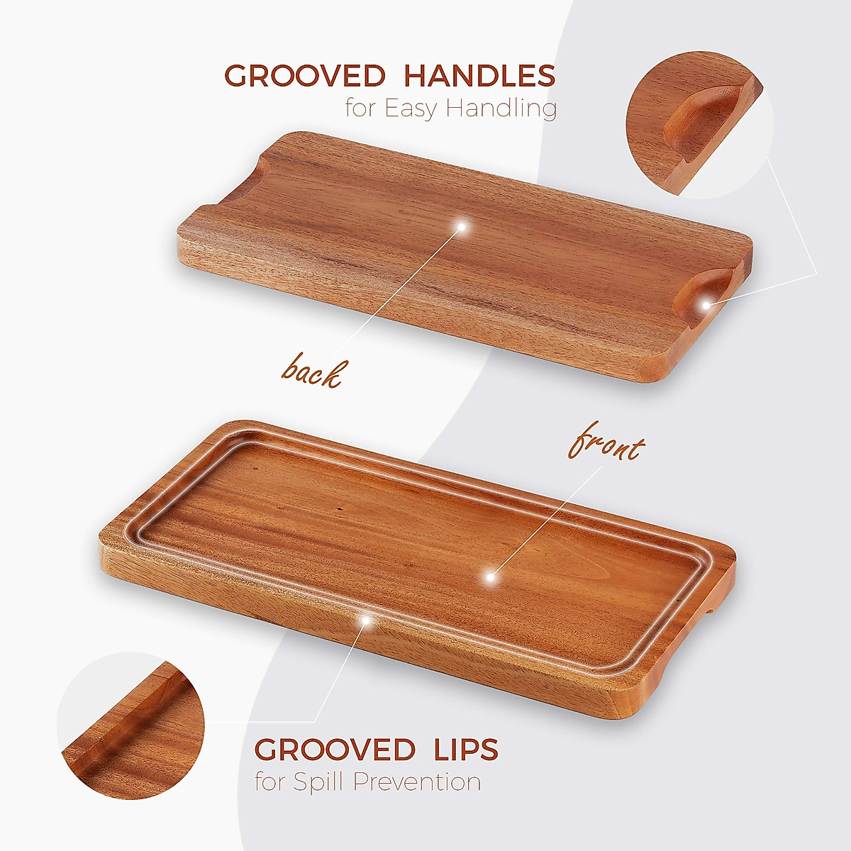 Serving Tray and Platter (Set of 4)(14.5’’x7’’X0.8 and 12’’x 5’’x0.8) Solid Natural Wood for Food Holder/BBQ/Party Buffet, Avoid Sliding Spilling Food with Easy Carry Grooved Handle Design