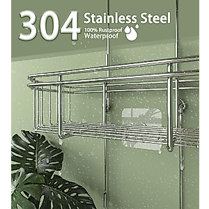 WXCGX Hanging Shower Caddy Over Shower Head Organizer: Height Adjustable Large Bathroom Storage Shelf with Soap Holder - Stainless Rustproof Shower Rack Basket with Hooks for Sponge Razor - Silver