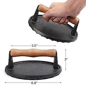 LotFancy Cast Iron Grill Press, 7 Inch, Smash Burger Press for Griddle, Round Bacon Meat Smasher, Wood Handle