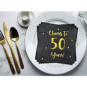 Cheers to 50 Years Cocktail Napkins | Happy 50th Birthday Decorations for Men and Women and Wedding Anniversary Party Decorations | 50-Pack 3-Ply Napkins | 5 x 5 inch folded (Black)