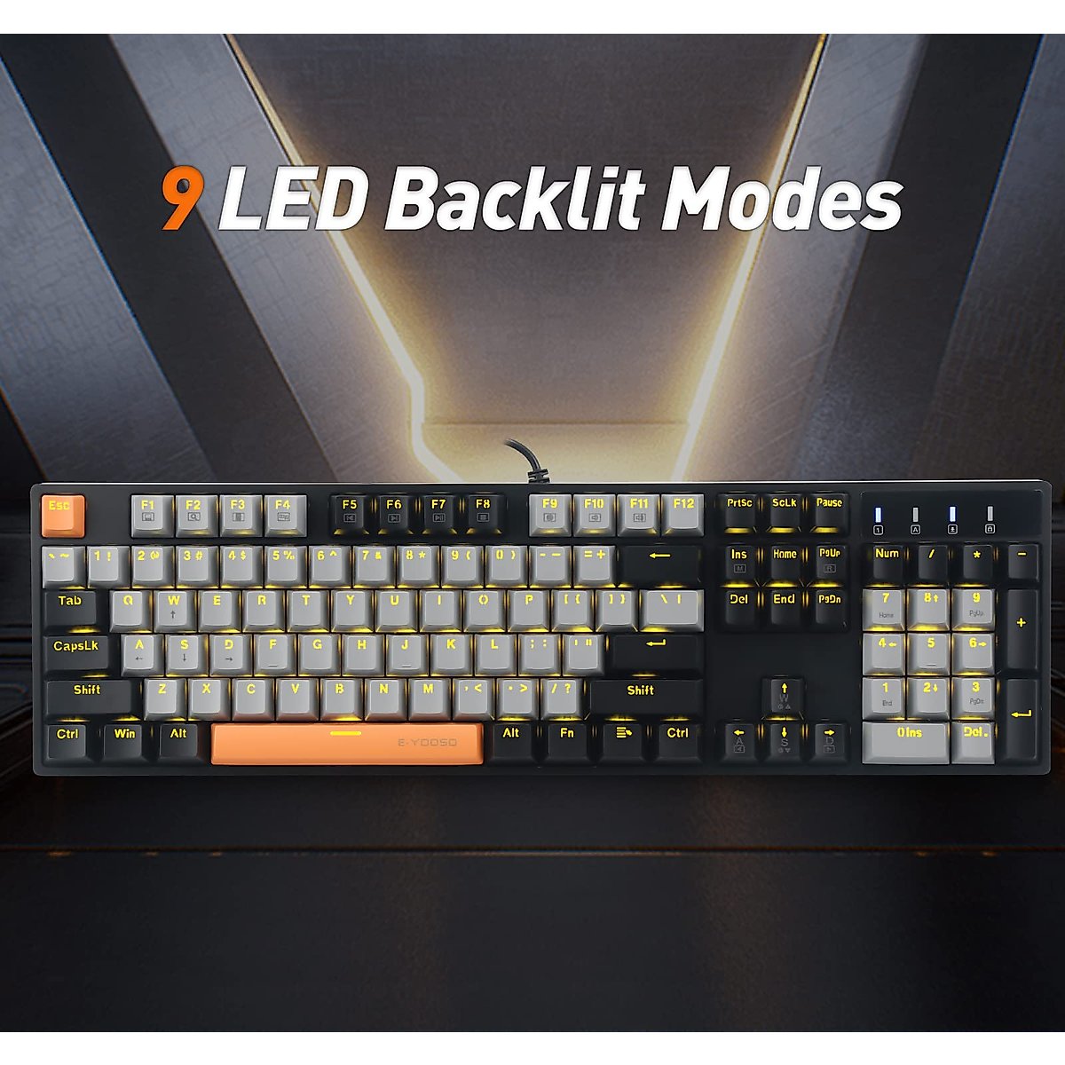 E-YOOSO Z-14 Mechanical Gaming Keyboard 104 Key, Red Switch Full-Size Computer Keyboards, Solid Yellow Backlit Mechanical Keyboard for PC Gamer, Black
