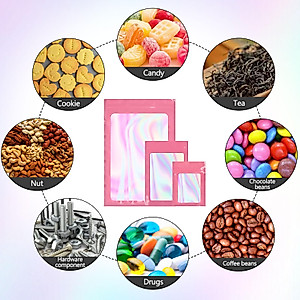 100PCS Smell Proof Mylar Bags Holographic Packaging Pouch Bag with Clear Window,3x4inch Resealable Ziplock Foil Pouch Bags for Food Storage, Candy, Jewelry, Electronics Storage (Pink)