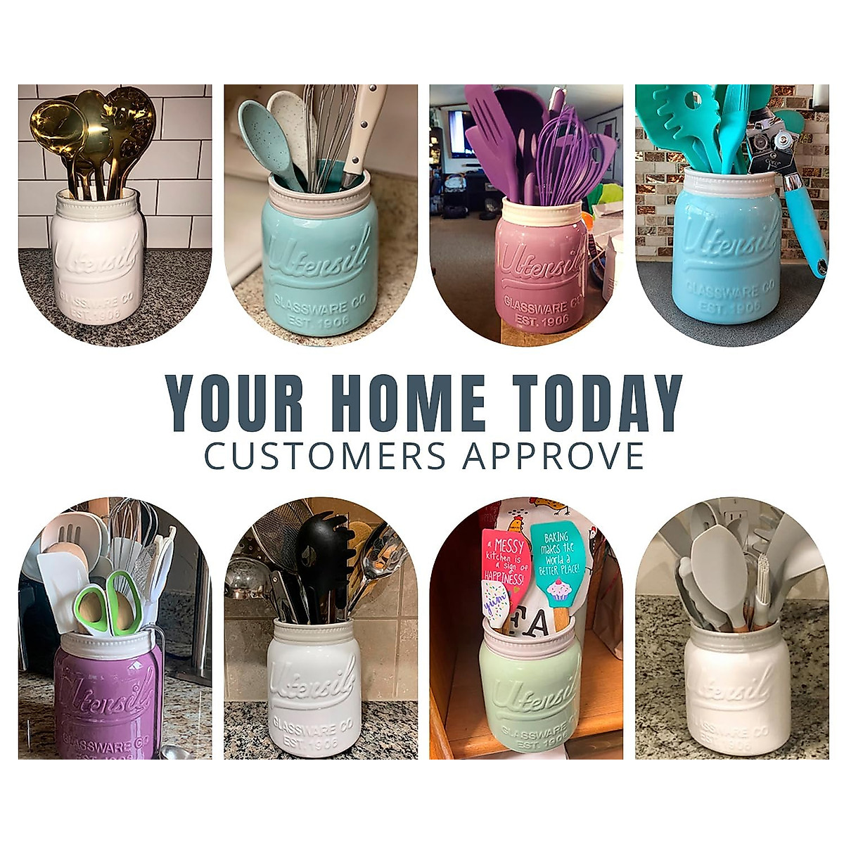 Ceramic Mason Jar Cutlery Holder - Set of 3 - Farmhouse Silverware Caddy for Kitchen Countretop - Decorative Spoon, Fork & Knife Holder for Parties & More - Rustic Caddy made of Premium Ceramic