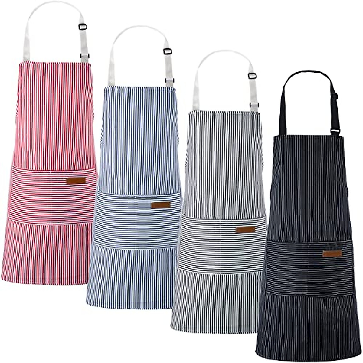 Handepo 4 Pieces Cooking Kitchen Aprons Unisex Soft Chef Kitchen Aprons with Pockets Cotton Polyester Blend Adjustable Bib Aprons for Women Men, Crafting Bbq, Black, Blue, Pink, Grey Stripes