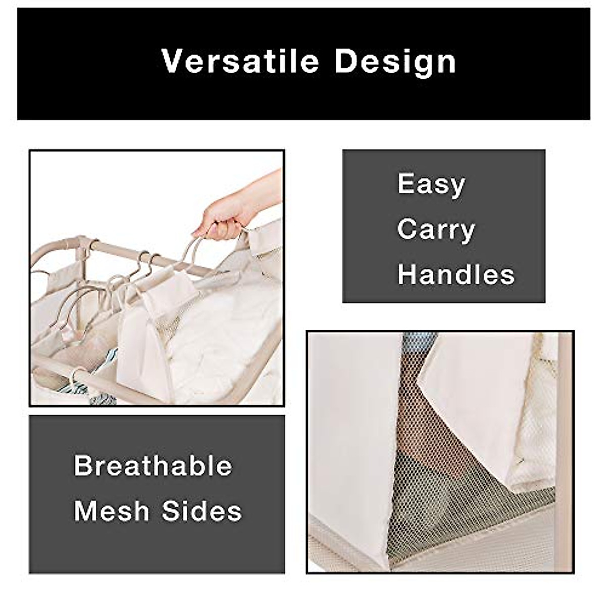 Smart Design Deluxe Rolling Triple Compartment Laundry Sorter Hampers with Wheels - Holds 6 Loads - Sturdy Steel Metal Frame - Clothes and Laundry - Home Organization - 30 x 32 Inch - Beige